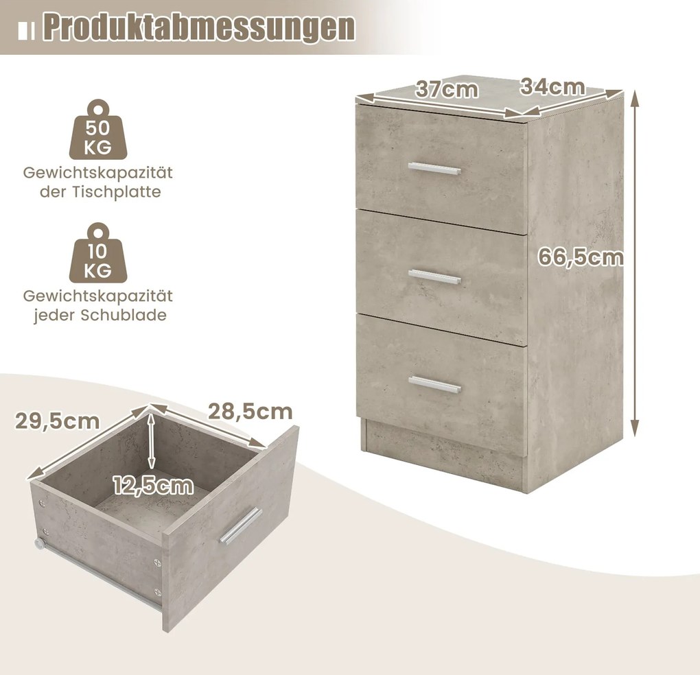 Costway Noční stolek s 3 zásuvkami, s vysokým leskem, noční komoda