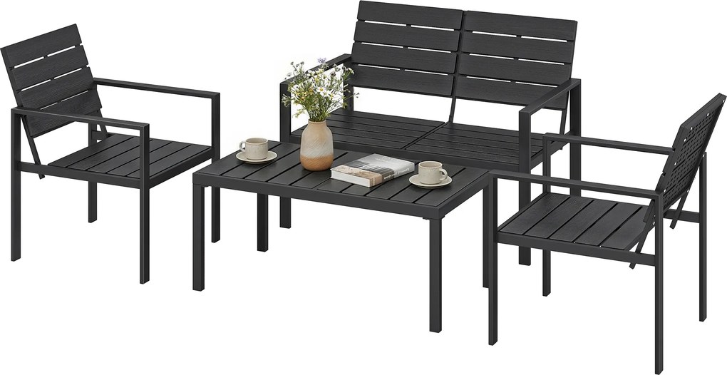 Outsunny Sada zahradního nábytku sedací souprava pro 4 osoby zahradní obývací pokoj s 2místnou pohovkou 2 křesla boční stolek lamelový design černý