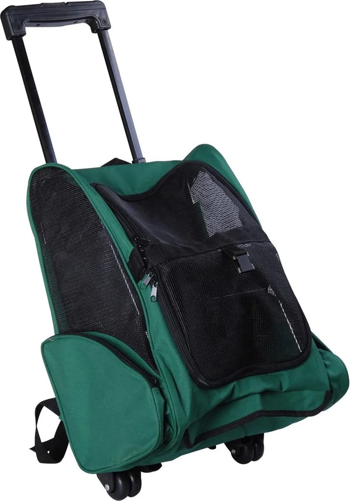 PawHut 2v1 nosič pro domácí mazlíčky - batoh nebo vozík na cestování pro psy a kočky s 2 koly, sklopná hliníková rukojeť a kapsy 42x25x55 cm Zelená |