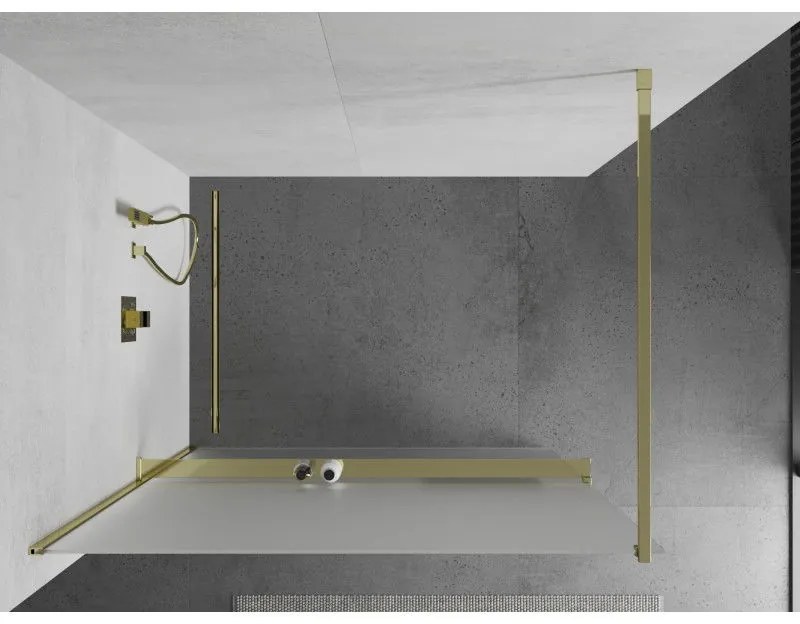 Mexen Kioto+, sprchová zástěna s poličkou a držákem na ručníky 100 x 200 cm, 8mm námraza sklo, zlatý profil, 800-100-121-50-30