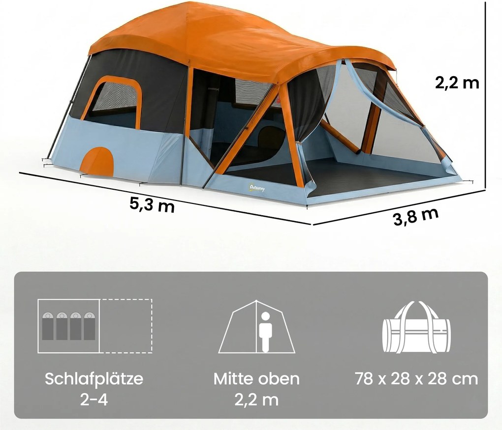 Outsunny tunelový rodinný stan pro 4 osoby s oddělenými ložnicemi a obytnou částí, střešními okny, PE podlážkou, voděodolnost 3000 mm – oranžovo-modrý