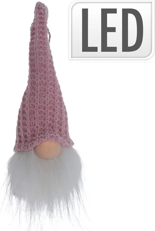 Závěsný vánoční skřítek s LED – růžový 19 cm