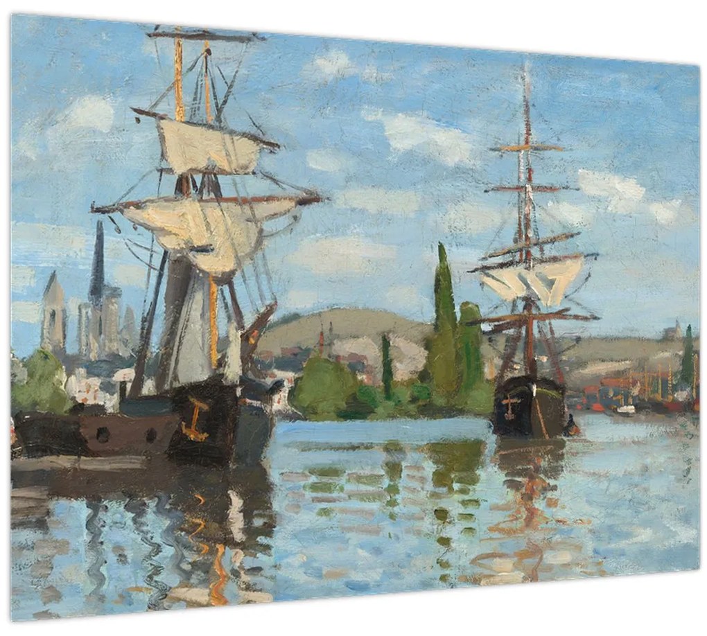 Skleněný obraz - Claude Monet, Ships Riding on the Seine at Rouen, reprodukce (70x50 cm)