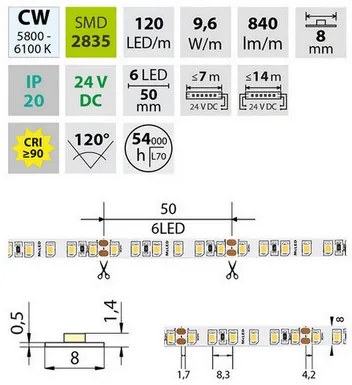 LED pásek McLED 24V studená bílá CRI90 š=8mm IP20 9,6W/m 120LED/m SMD2835 ML-126.838.60.2