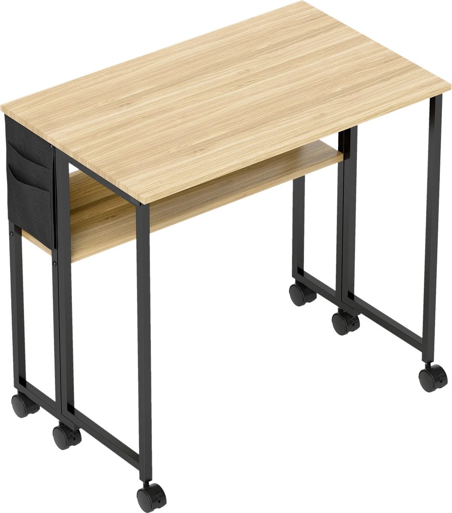 Skládací stůl HOMCOM na kolečkách, počítačový stůl 80 x 50 cm se policí a úložným vakem, studijní stůl pro domácí kancelář, ložnici, malé prostory, d…
