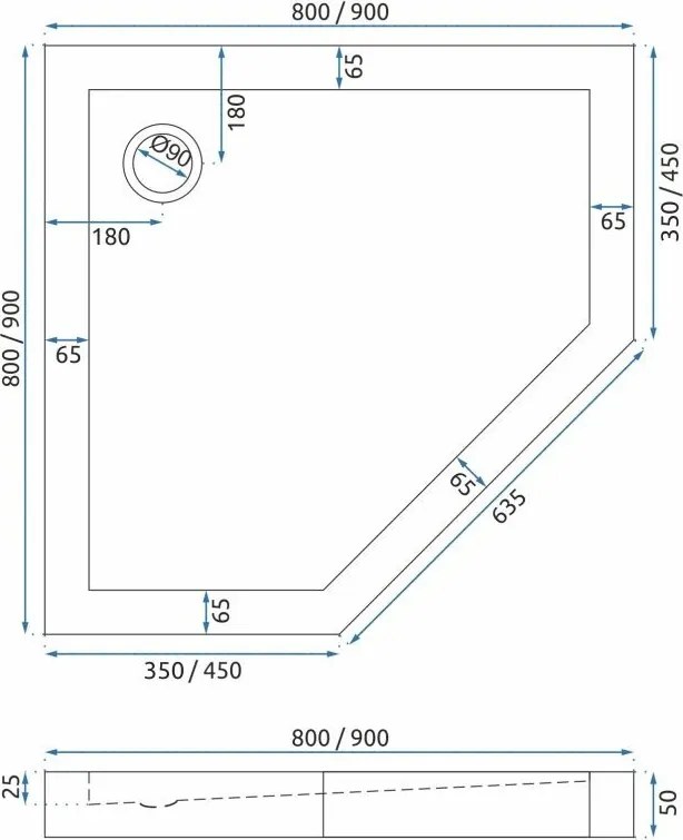 Rea Diamond, 5-úhelníkový sprchový kout 90x90, 6mm čiré sklo, zlatý matný profil + bílá sprchová vanička, KPL-K6506