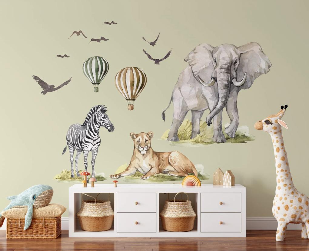 Safari samolepky zeď - lvice, slon, zebra