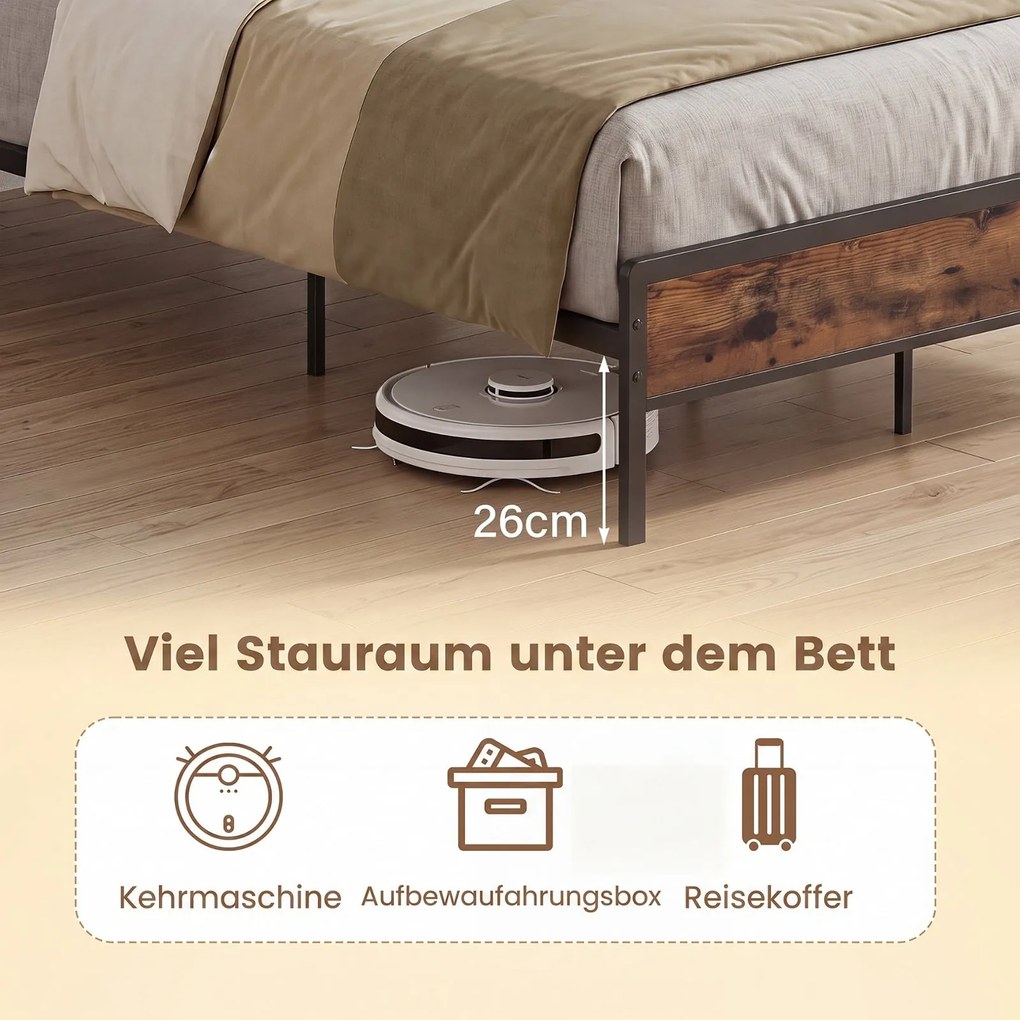 Costway Kovová postel 140 × 220 cm s LED a nabíjením, hnědá
