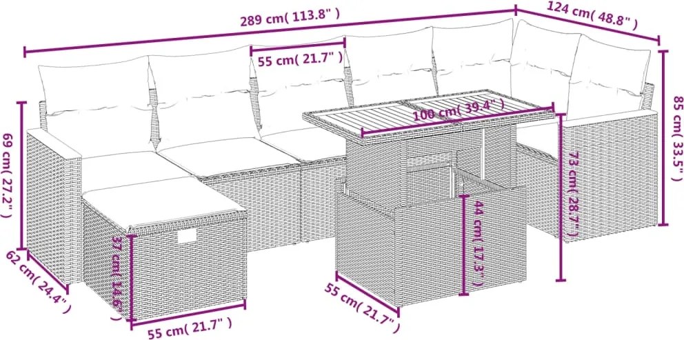 8dílná zahradní sedací souprava s poduškami šedá polyratan 3276049