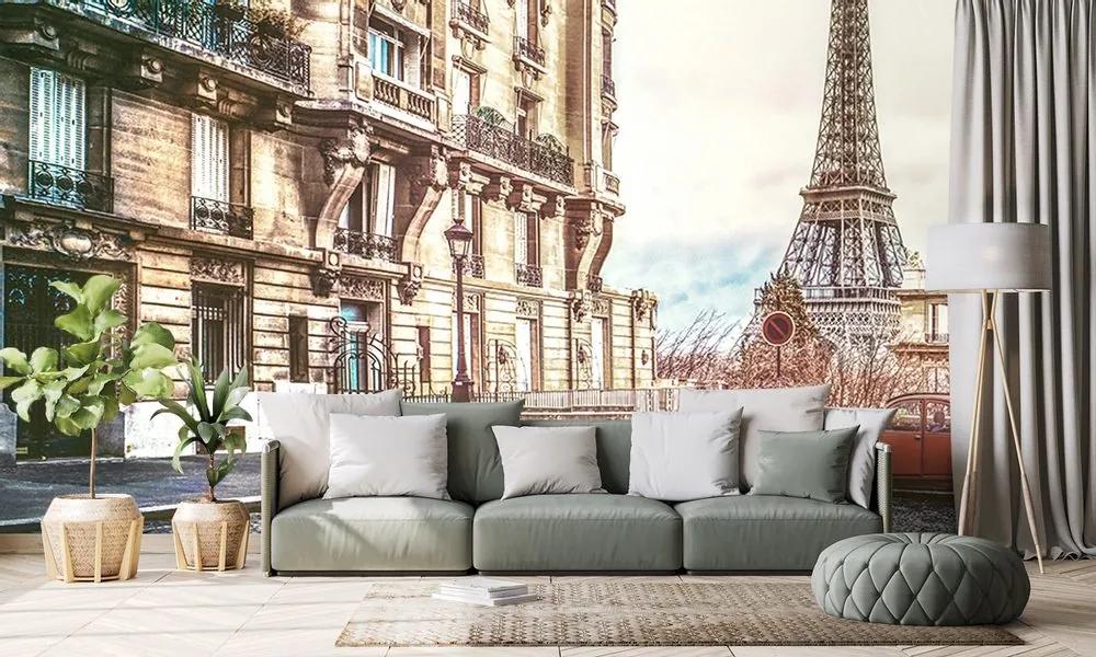 Samolepící tapeta pohled na Eiffelovou věž z ulice Paříže - 300x200 cm