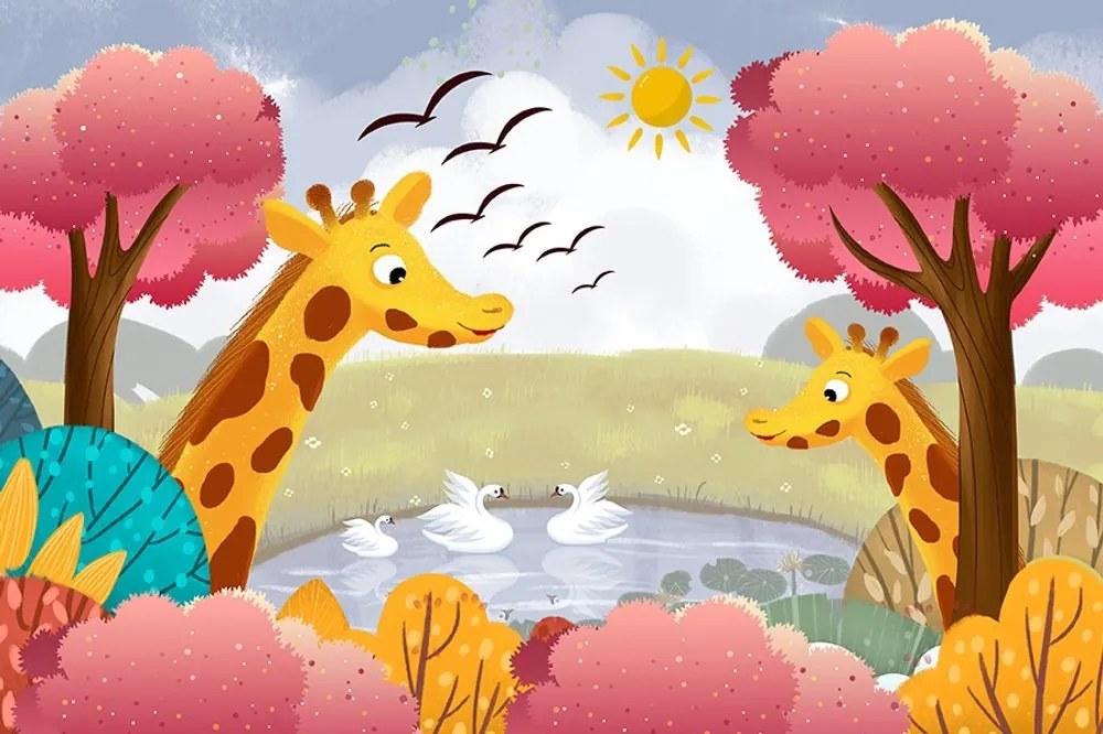 Tapeta žirafy a labutě u rybníčku - 150x100 cm