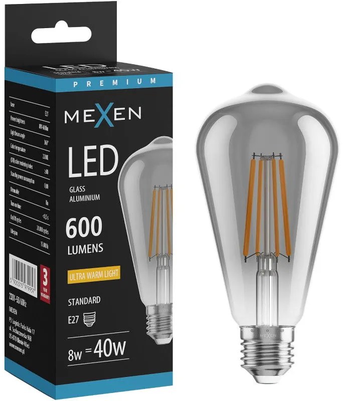 Mexen Vintis Žárovka filament LED E27, ST64, 8W, Teplá - 2200K, 600 lm, kouřová - L152-E27-0822-70