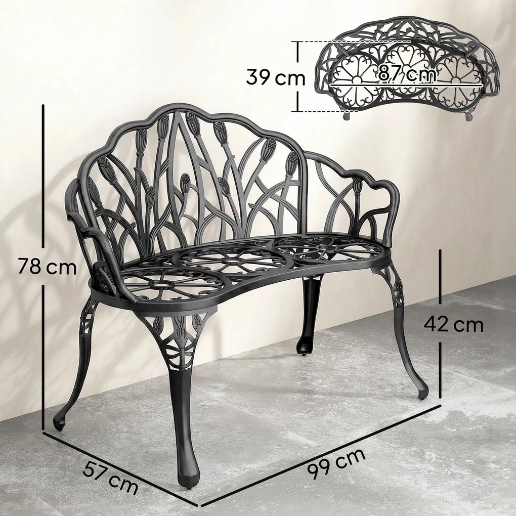 Zahradní lavice 2místná venkovní lavice z litého hliníku odolná proti povětrnostním vlivům s květinovým motivem opěradla tulipánu 99 x 57 x 78 cm