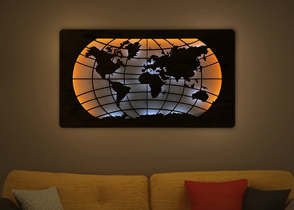 Li-Go "Mapa světa rovnoběžky" světelný obraz 230V 110x60cm provedení povrchu: dub světlý