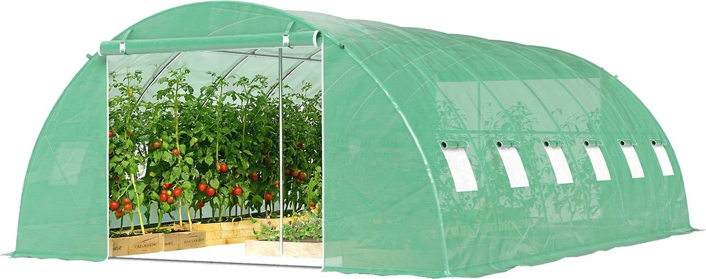 Outsunny venkovní tunelový skleník 6 x 4 x 2 m s pozinkovaným rámem, PE krytem, rolovacími dveřmi a síťovanými okny, zelený