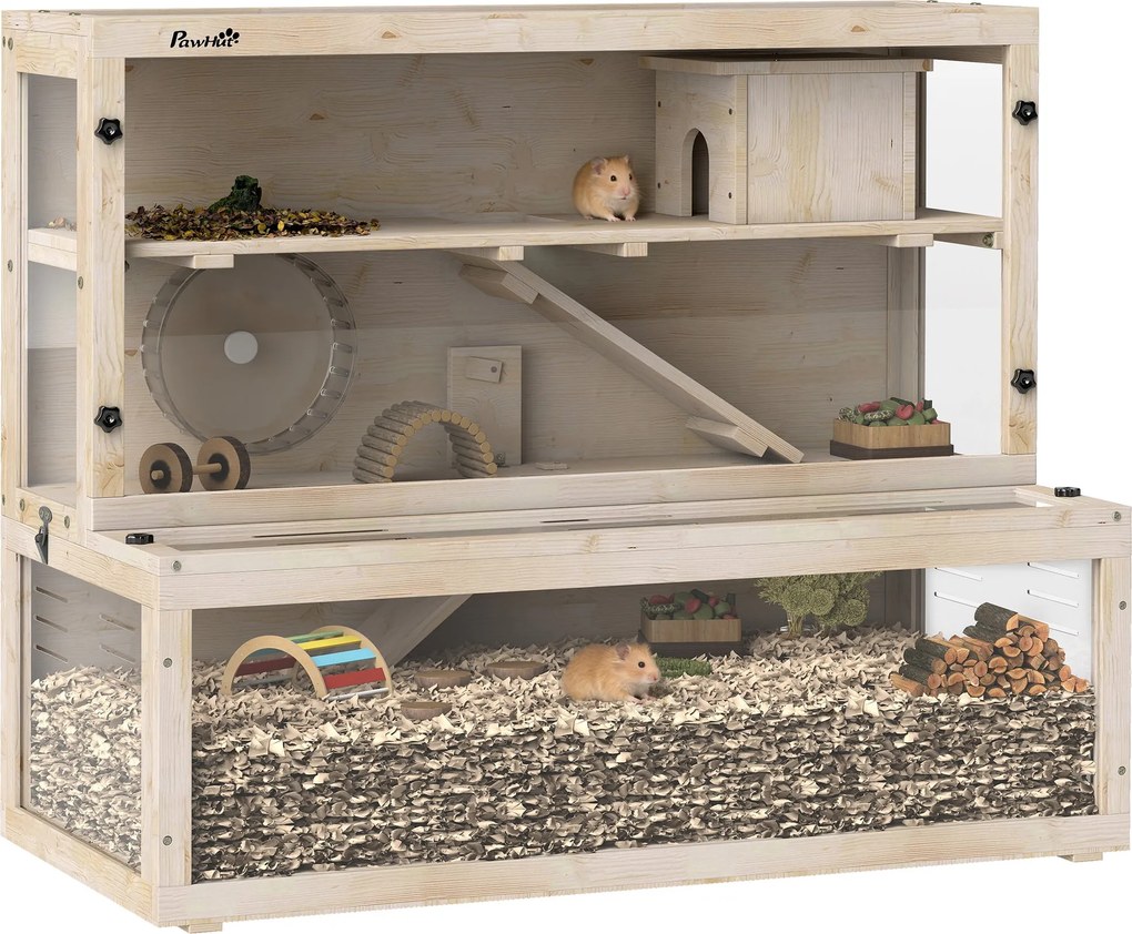 PawHut dřevěná klec pro křečky, 100 × 50 × 84 cm – 3patrový domek pro malé hlodavce s okénkem, běhacím kolem, rampou a domečkem – přírodní dřevo
