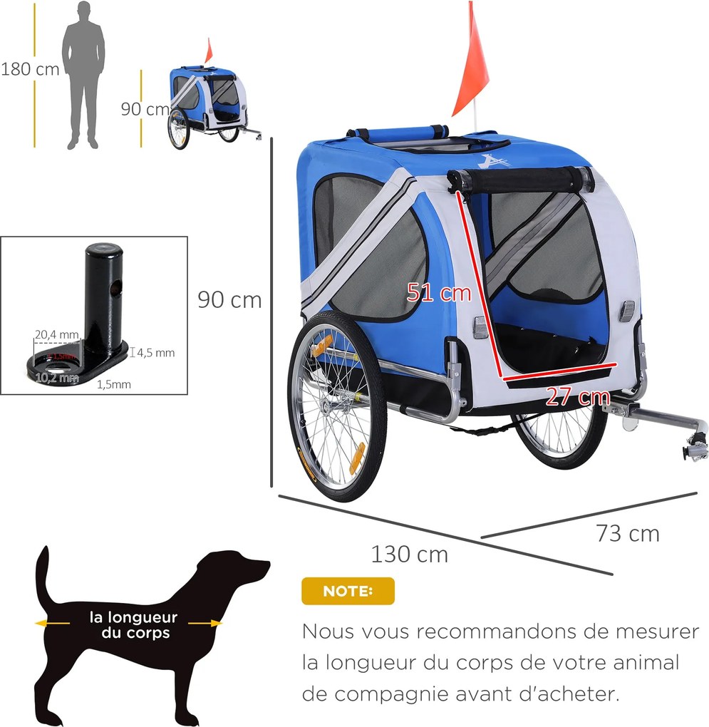 PawHut Kolečkové vozíky pro domácí mazlíčky s 8 reflektory, vlajka a tažné zařízení, ocelový rám, polyester voděodolný, max. 30 kg, 130L x 73W x 90H …