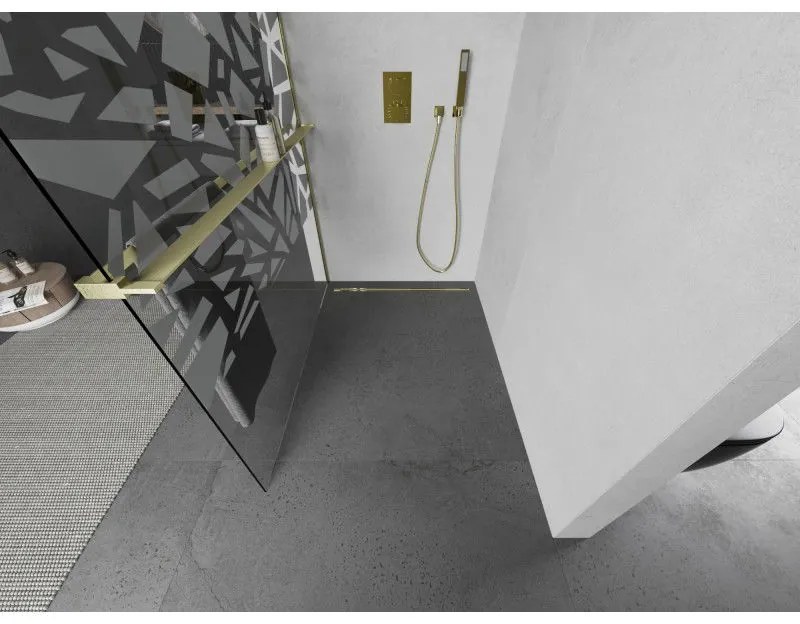 Mexen Kioto+ L, sprchová zástěna Walk-In s poličkou a věšákem 110 x 200 cm, 8mm čiré sklo bílý vzor, ​​zlatý matný profil, 800-110-123-55-85