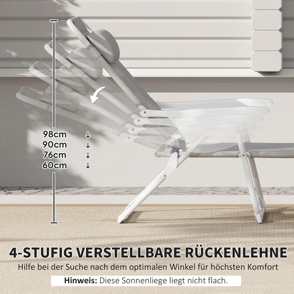 Lehátko skládací zahradní lehátko s polštářem pod hlavu, lehátko se čtyřsměrně nastavitelným opěradlem do 120 kg Světle šedá barva
