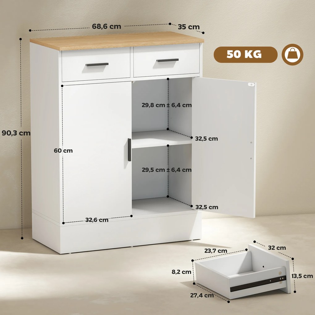 HOMCOM Příborník s úložným prostorem, komoda se dvěma zásuvkami, nastavitelná police, do kuchyně, obývacího pokoje, chodby, přírodní dřevo, bílá