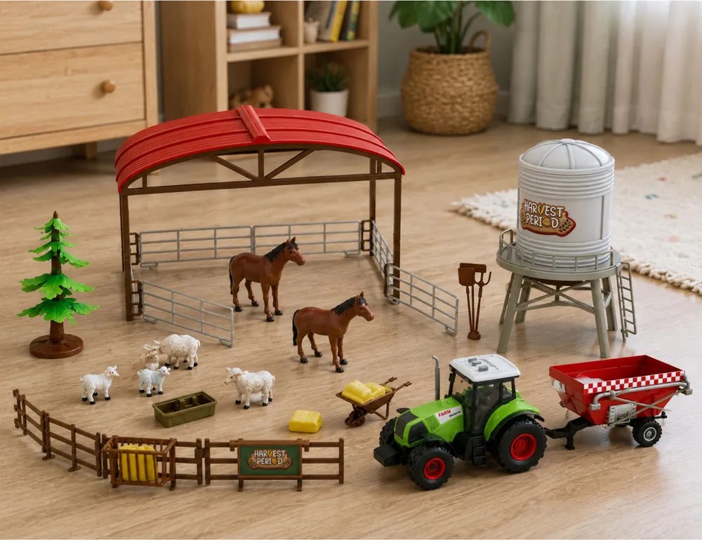 LEAN Toys Sada „Farma“ s traktorem, stájí, silem, figurkami zvířat a nářadím, 49 dílů