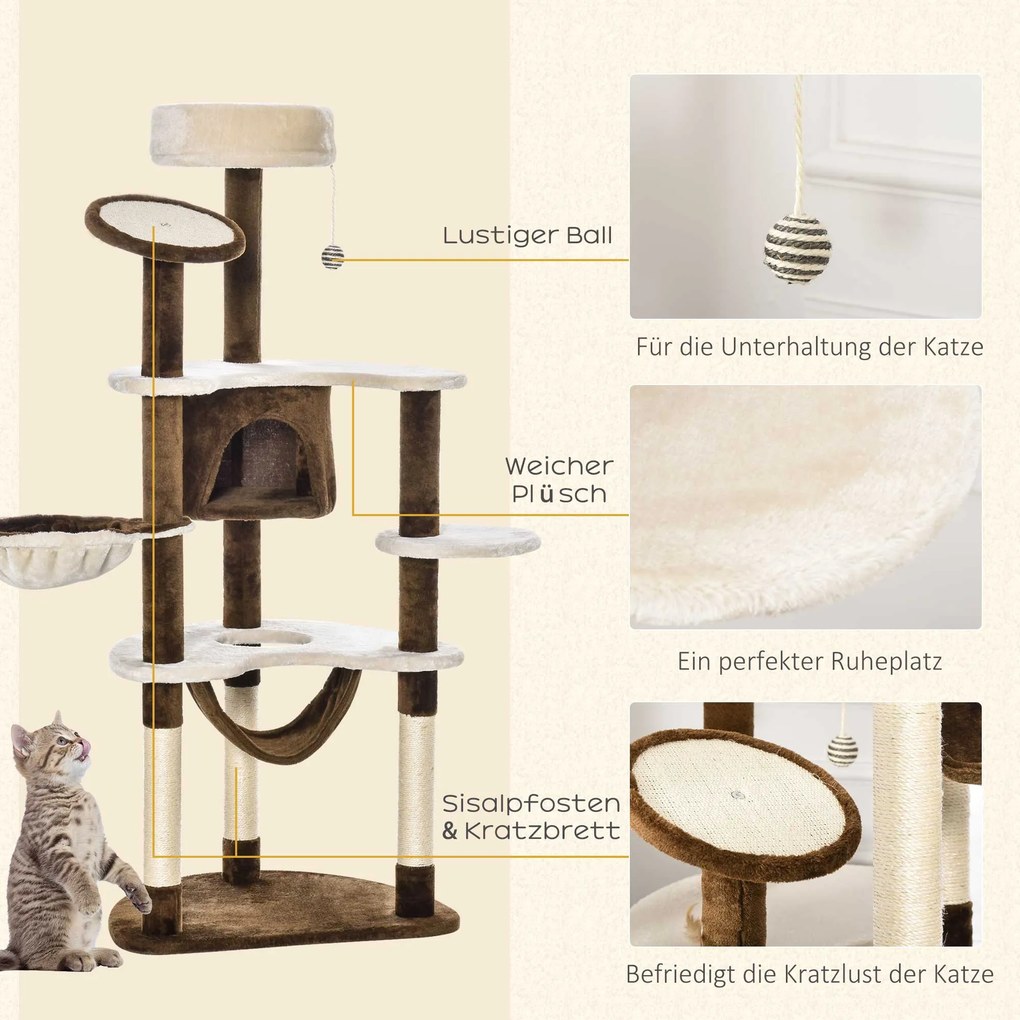 PawHut škrabadlo XXL kočičí strom 153H cm s kočičí jeskyní, houpací síť, šplhací strom pro kočky, plyš, hnědá barva pro hraní a relaxaci | Aosom.de