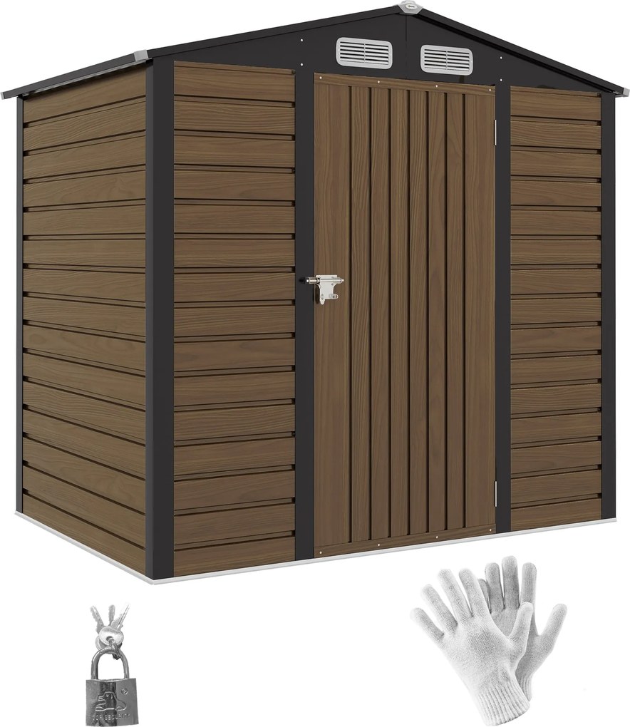 Zahradní kůlna Outsunny 190x131x188 cm - Venku umístěný úložný domek s 2 větracími okny a dveřmi pro terasu, balkon a patio - Dub | Aosom