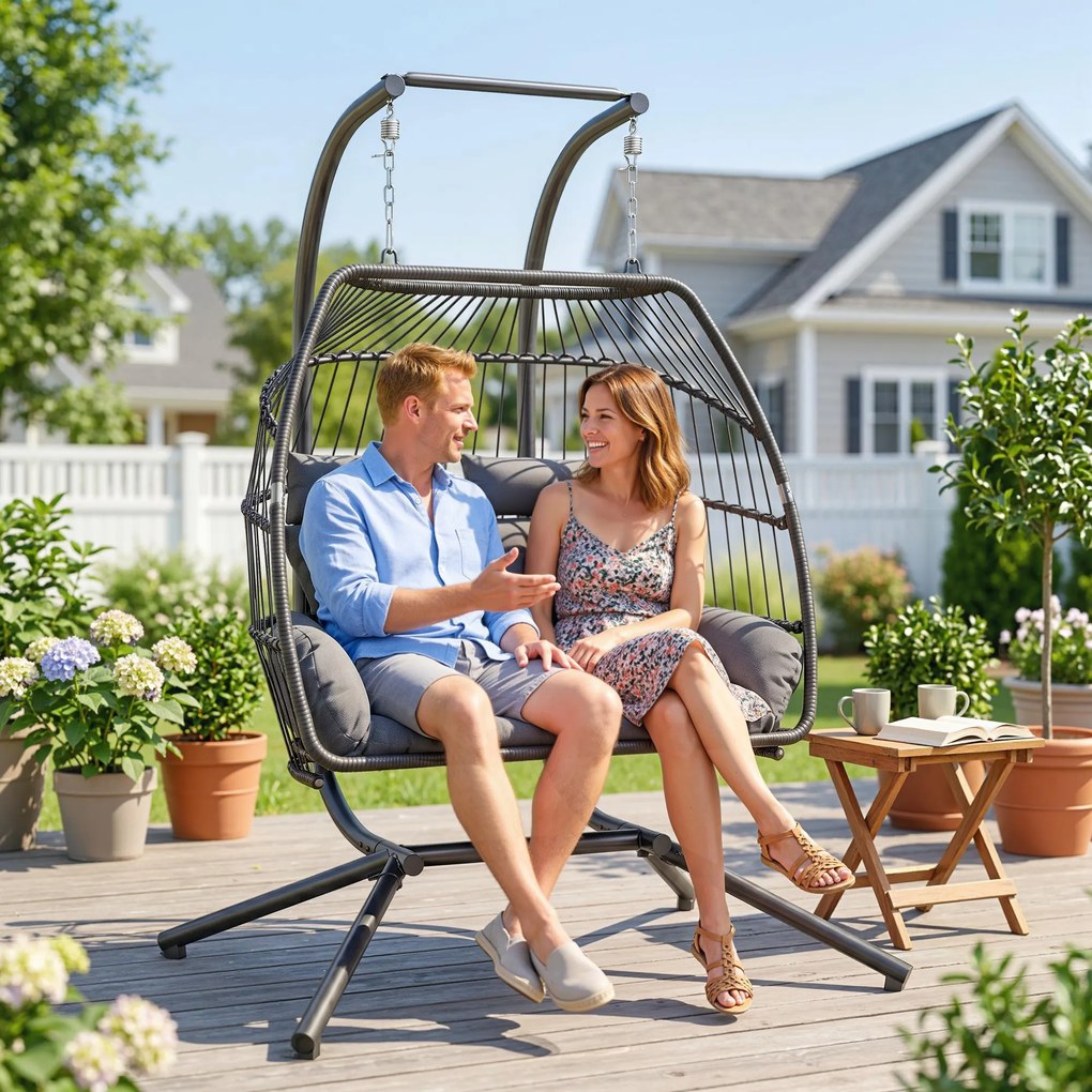 Outsunny závěsné křeslo s skládacím stojanem, závěsný košík s polštářem, ergonomické houpací křeslo z poly ratanového materiálu pro 2 osoby, závěsné …