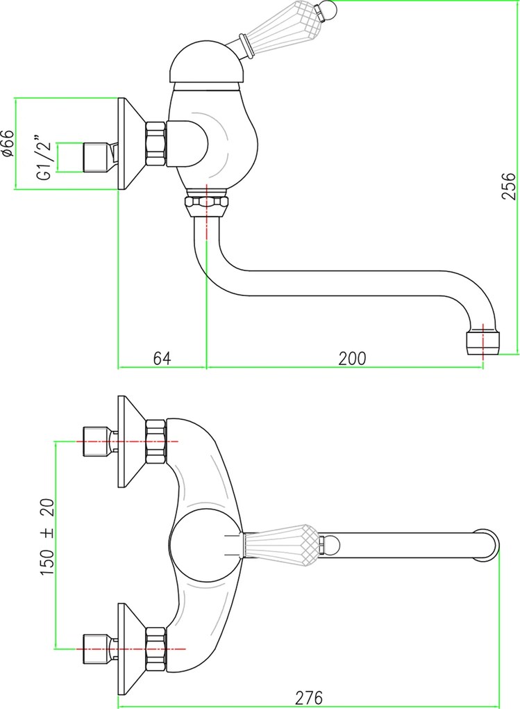 SAPHO KIRKÉ CRYSTAL nástěnná retro baterie, páčka krystal, bronz KI15KB