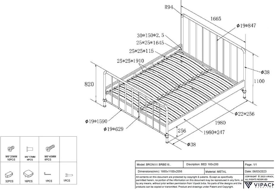 Černá kovová dvoulůžková postel s roštem 160x200 cm BRONXX – Vipack