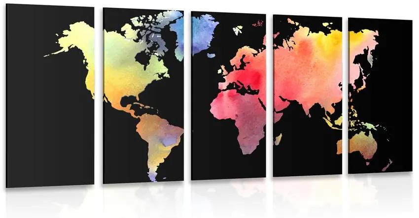 5-dílný obraz mapa světa v akvarelový provedení na černém pozadí Varianta: 100x50