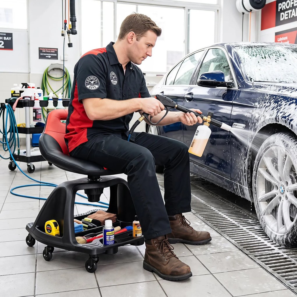 Costway Dílenská stolička 360° Otočná rolovací stolička s opěradlem, přihrádkami