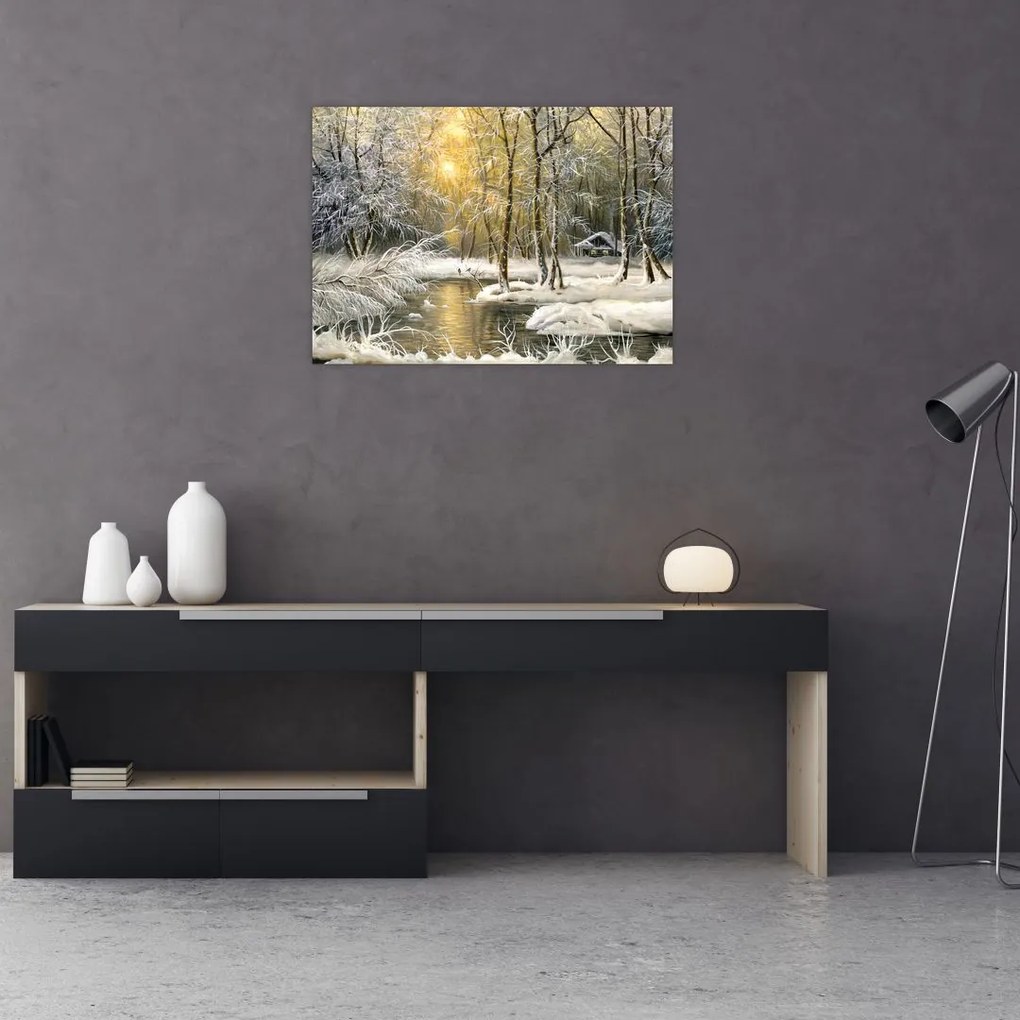 Skleněný obraz - Chaloupka v lese, olejomalba (70x50 cm)