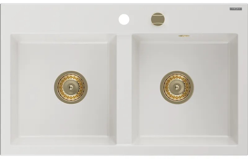 Mexen Hektor, 2-komorový granitový dřez 800x480x205 mm, bílá, zlatý sifon, 6521802000-20-G