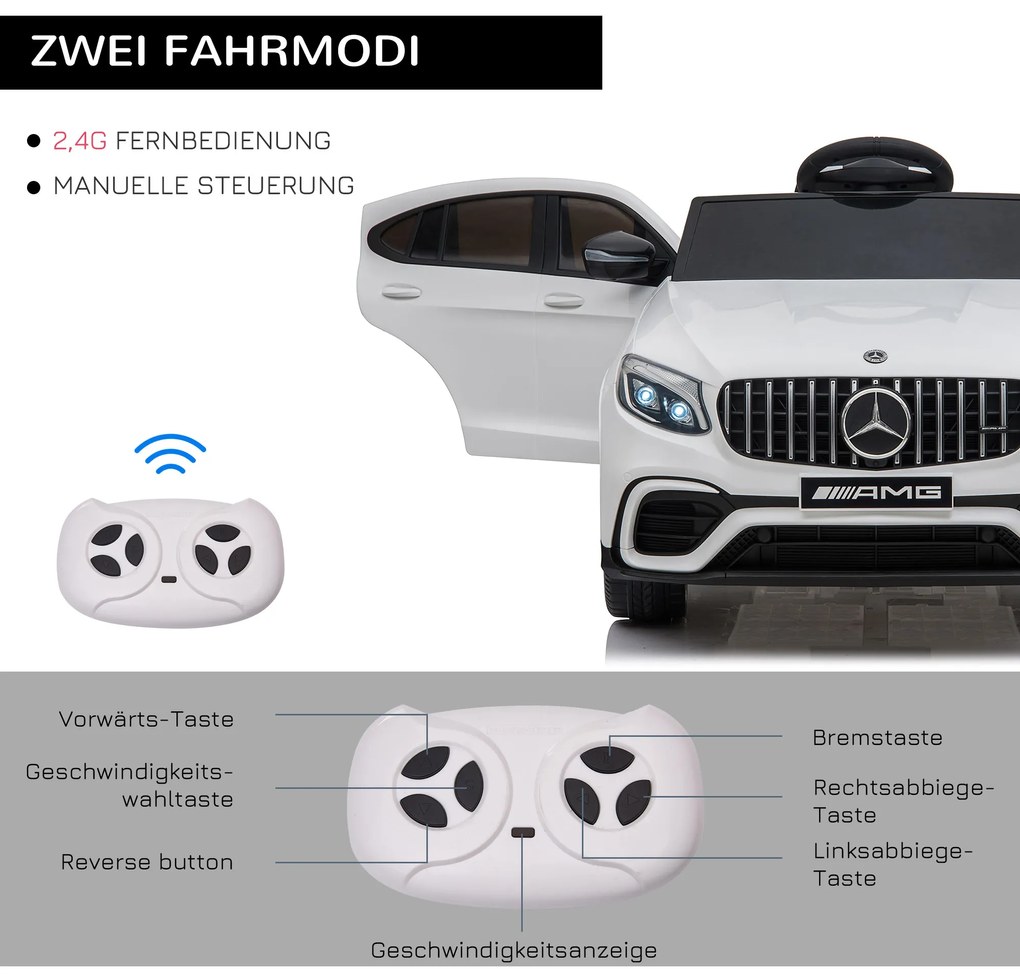 HOMCOM 12V Mercedes-Benz AMG GLC63S COUPE dětské elektrické autíčko s dálkovým ovládáním a bezpečnostním pásem, 2 x 35W motory, bílé 115 x 70 x 55 cm…