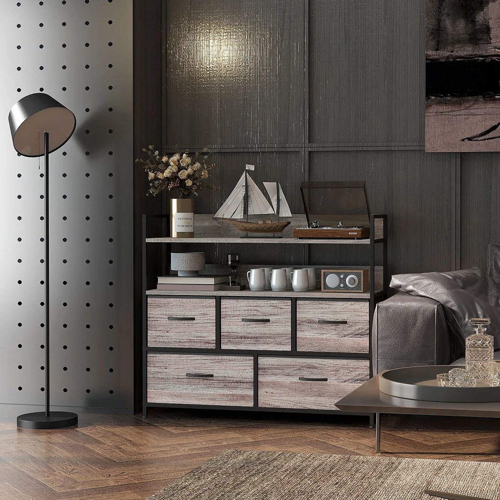HOMCOM Komoda se 5 textilními zásuvkami, úložná skříň, prádelník se 2 policemi, ocelová konstrukce, industriální design pro obývací pokoj, ložnici - …