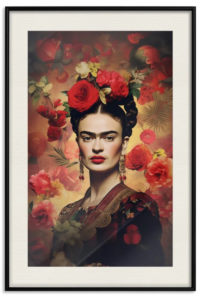 Plakát Portrait With Roses - Frida Kahlo on a Brown Background Full of Flowers