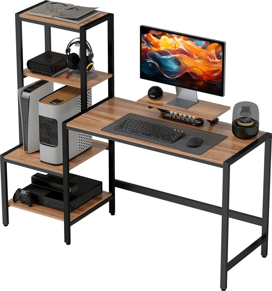 HOMCOM Stůl 150 x 48 cm Počítačový stůl s podstavcem na monitor, stojanem na CPU, policí na tiskárnu, 4 policemi, kovovým rámem pro domácí kancelář, l