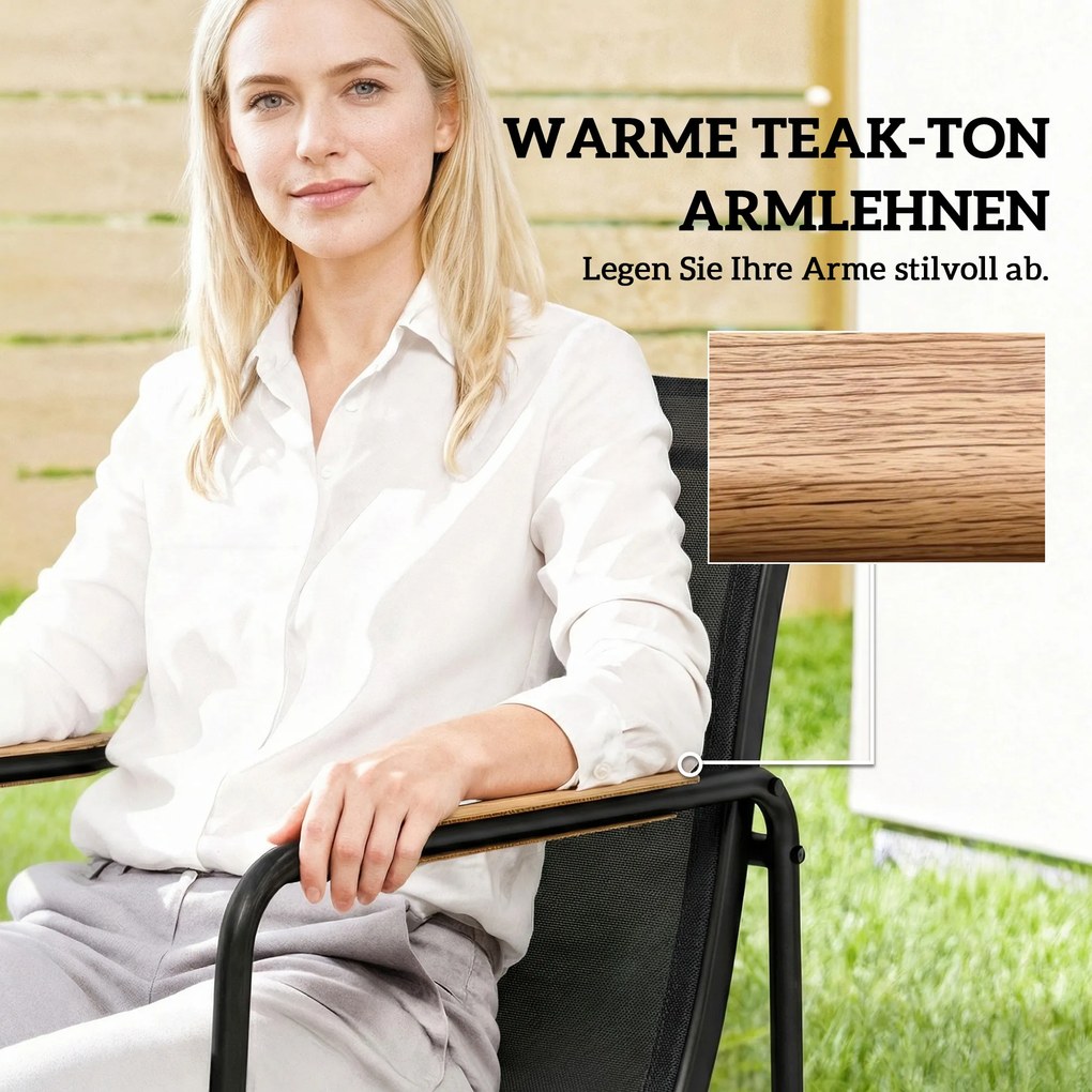 Outsunny Sada zahradního nábytku Sedací souprava 150 x 80 cm Skleněný stůl se 6 prodyšnými židlemi Ozdobné područky Černá barva