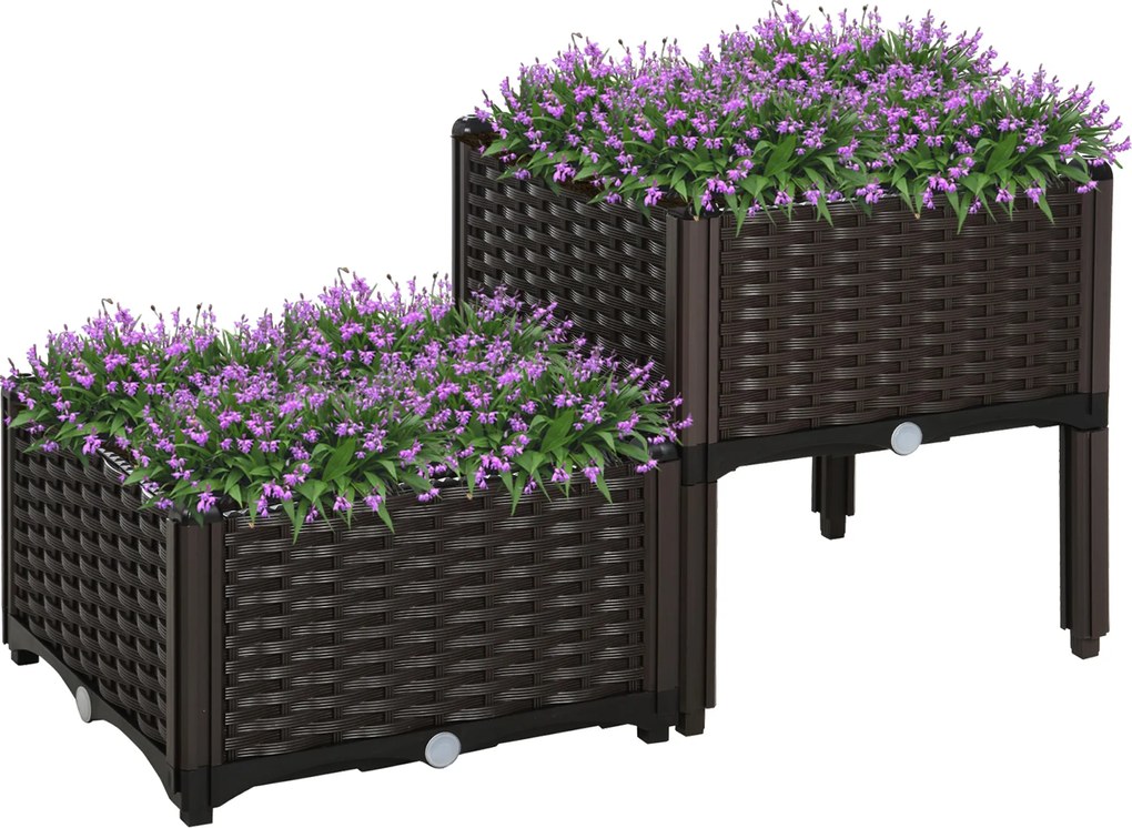 Vyvýšený záhon Outsunny, květináč s drenážními otvory, květinová box v ratanovém vzhledu, plast, hnědá, 40 x 40 x 44 cm | Aosom