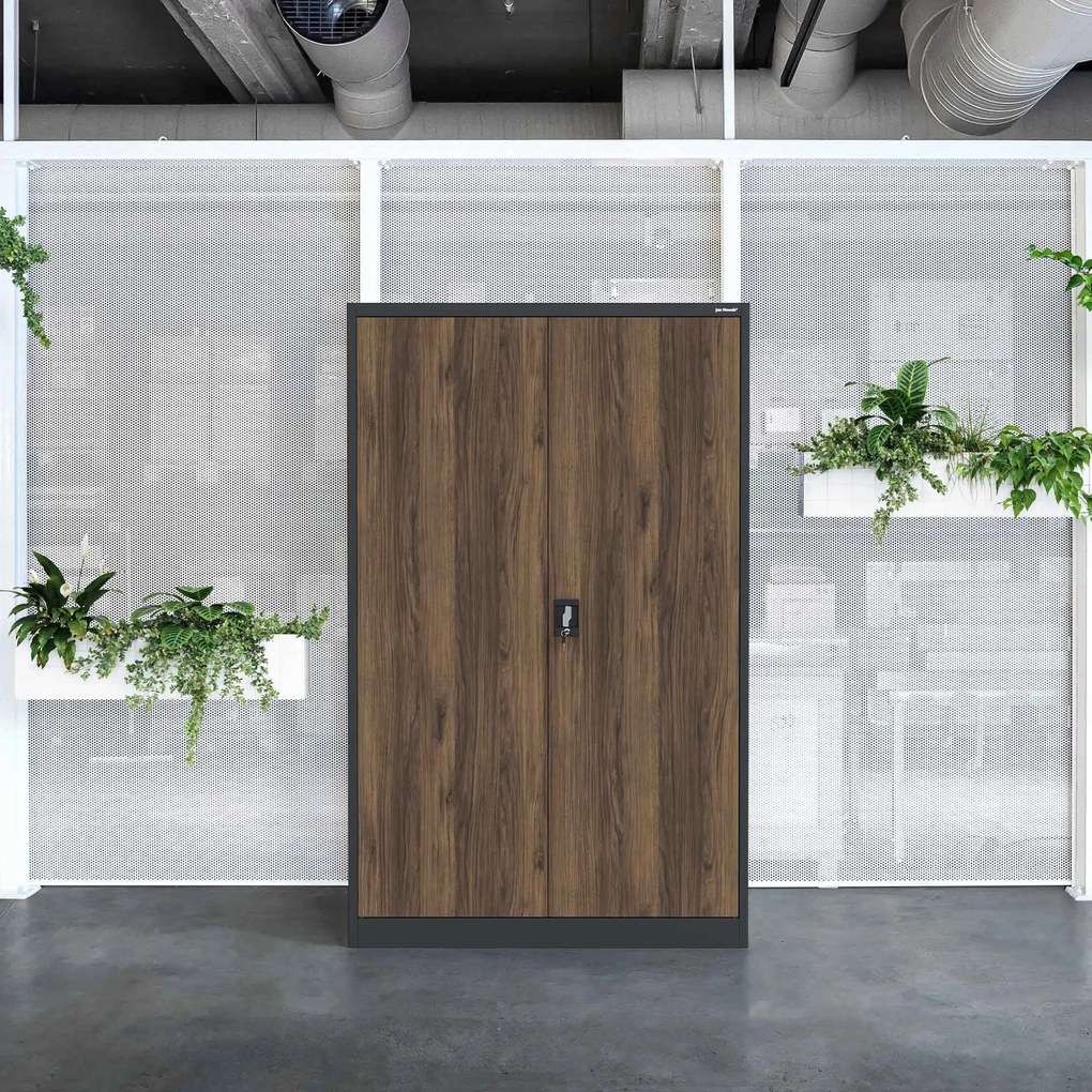 Kovová kancelářská skříň na dokumenty široká bílá antracit/ořech, 1150x1850x400 mm: JAN II Eco Design