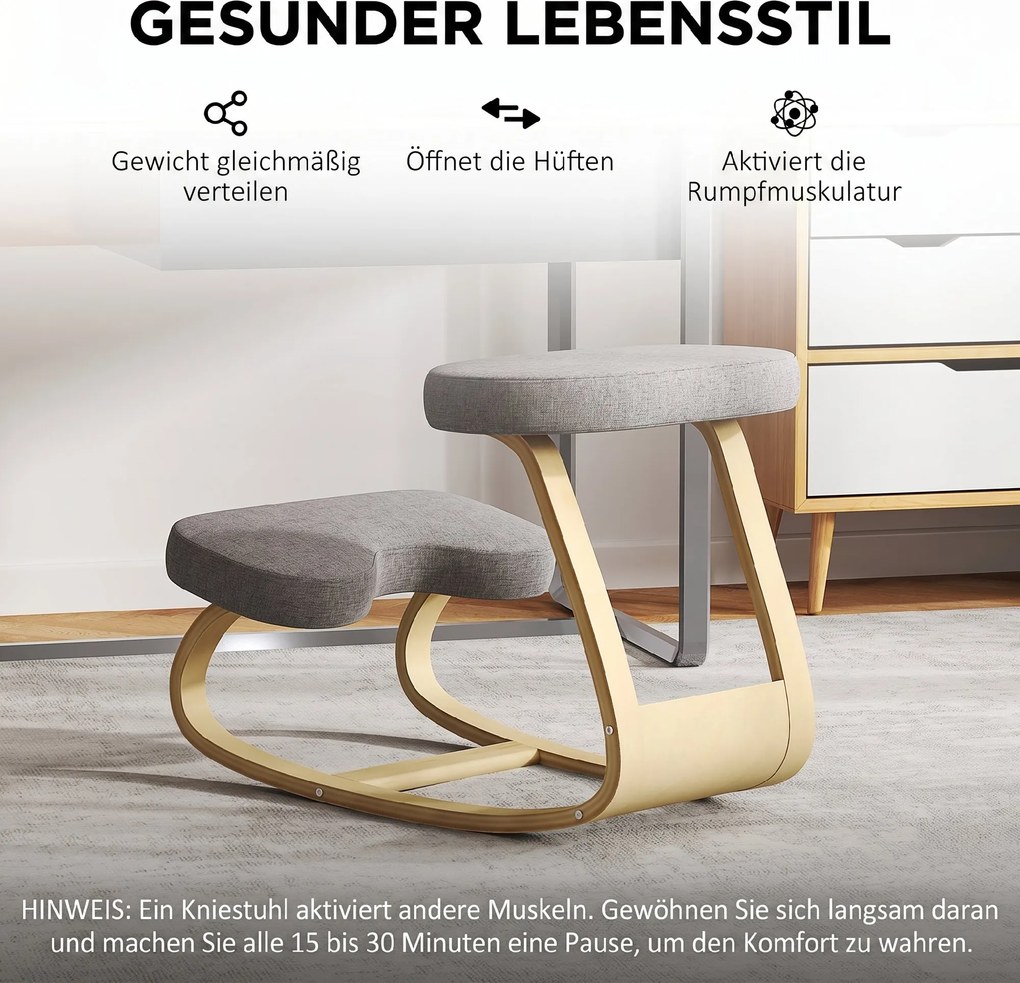 HOMCOM Klaněcí Židle, Ergonomická Houpací Dřevěná Klaněcí Židle pro Domácí Kancelář, Zlepšuje Držení Těla, Bolesti Zad, Šedá