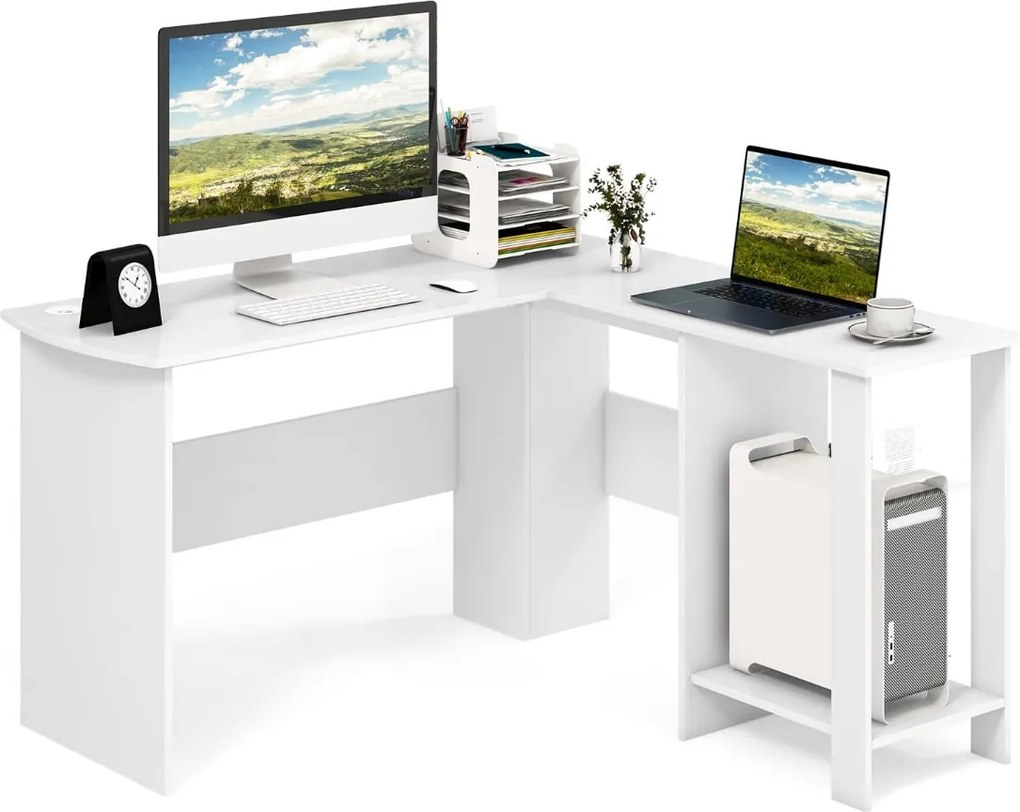 Costway Psací stůl ve tvaru L se 2 otvory pro kabel a úložnými přihrádkami, bílý