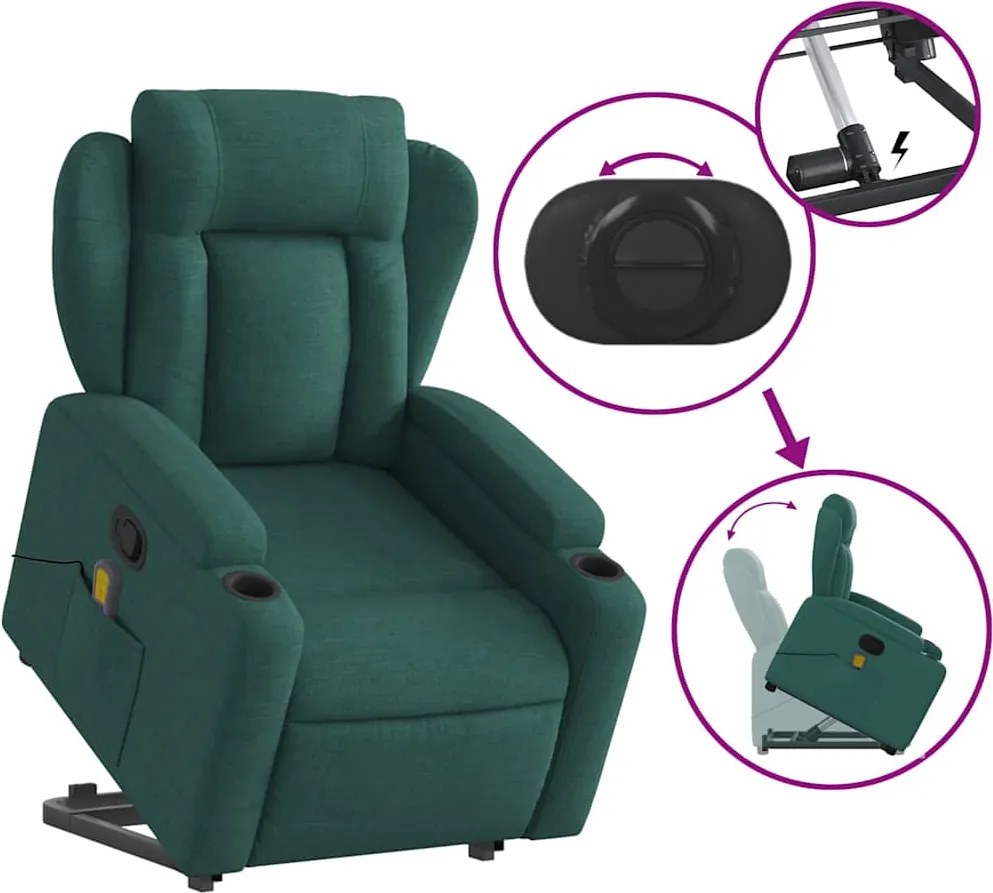 Zvedací masážní polohovací křeslo tmavě zelené textil 3204500