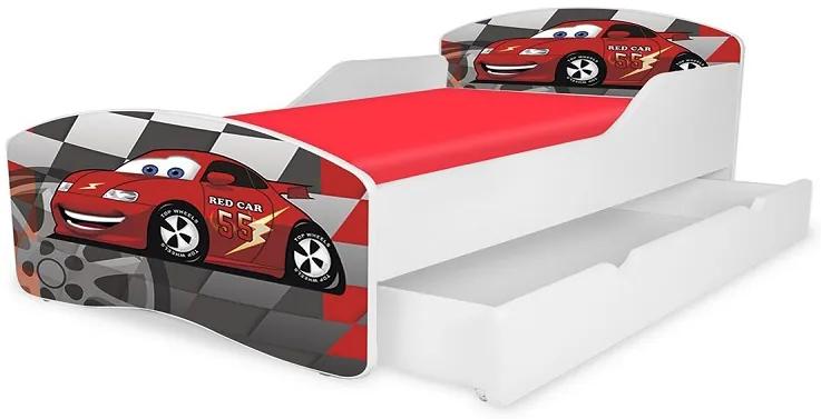 Dětská postel Červené auto s vlajkou se šuplíkem - small rainbow - Rozměry 180x80 cm