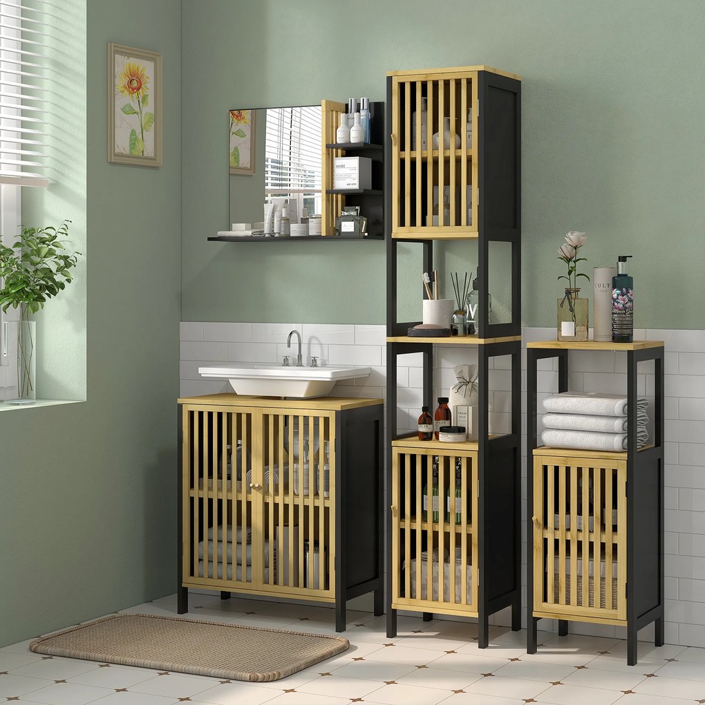 HOMCOM Podložková skříňka pod umyvadlo, koupelnová skříňka se zásuvkami 60 x 30 x 70 cm v černé a přírodní bambusové barvě