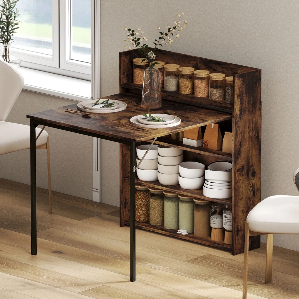 HOMCOM Skládací jídelní stůl s regálem, industriální design, úspora místa, pro malé prostory, 80x90x93cm, rustikální hnědá