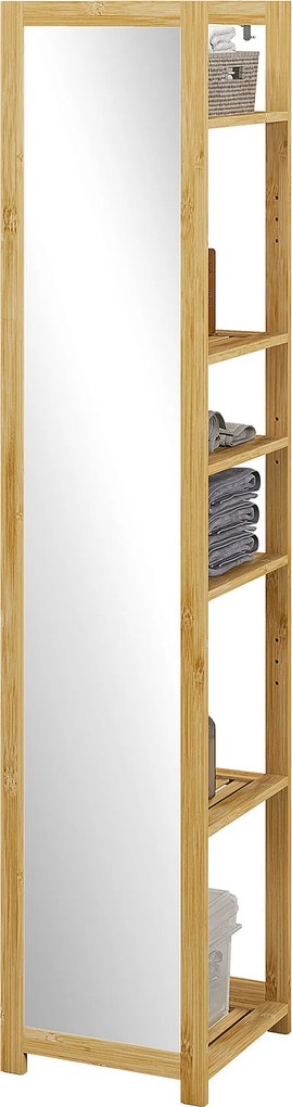 HOMCOM Koupelnová sloupová skříň s zrcadlem a 6 policemi v přírodním bambusu, 35D x 35Š x 168V cm
