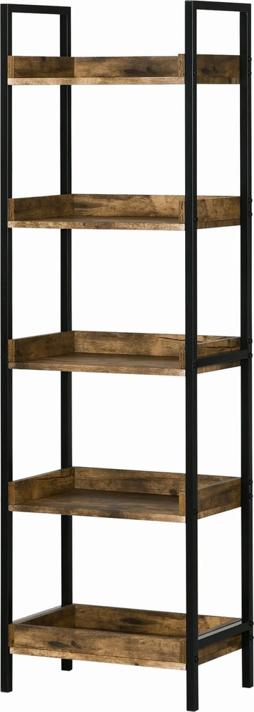 HOMCOM Knihovna v industriálním stylu s 5 policemi, Dřevěná a kovová knihovna pro domov a kancelář, 48x30x155cm, Rustikální hnědá