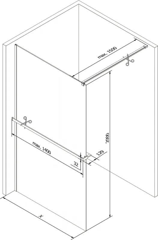 Mexen Kioto+, sprchová zástěna Walk-In s poličkou a věšákem 140 x 200 cm, 8mm sklo vzor zrcadlo, broušená ocel profil, 800-140-121-97-50